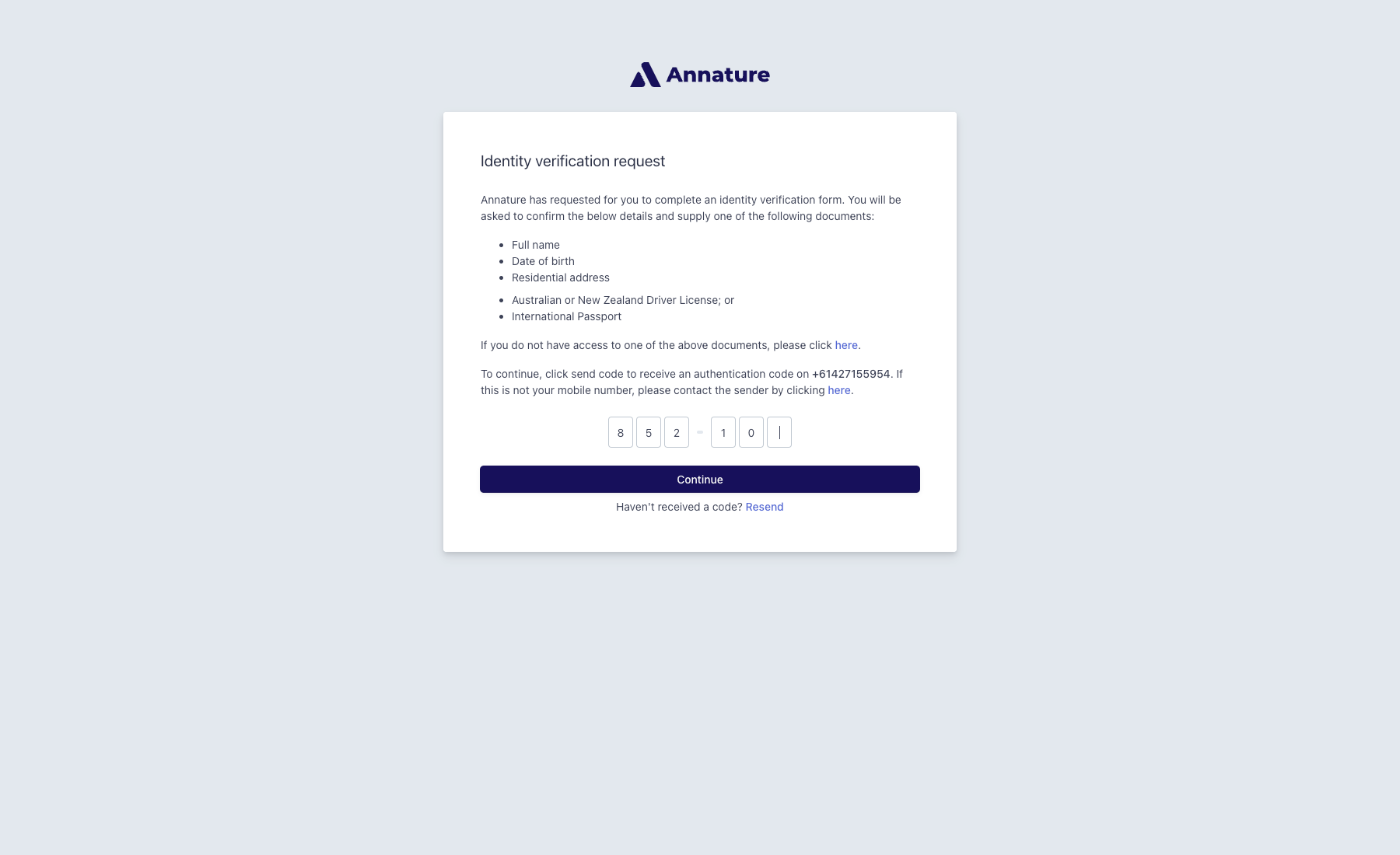 Verify your identity through Annature