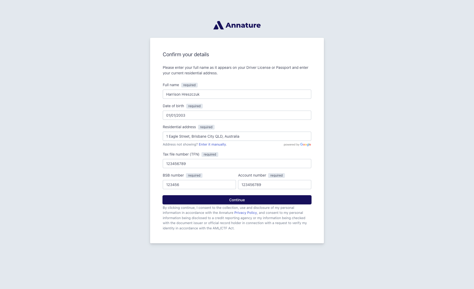 Verify your identity through Annature