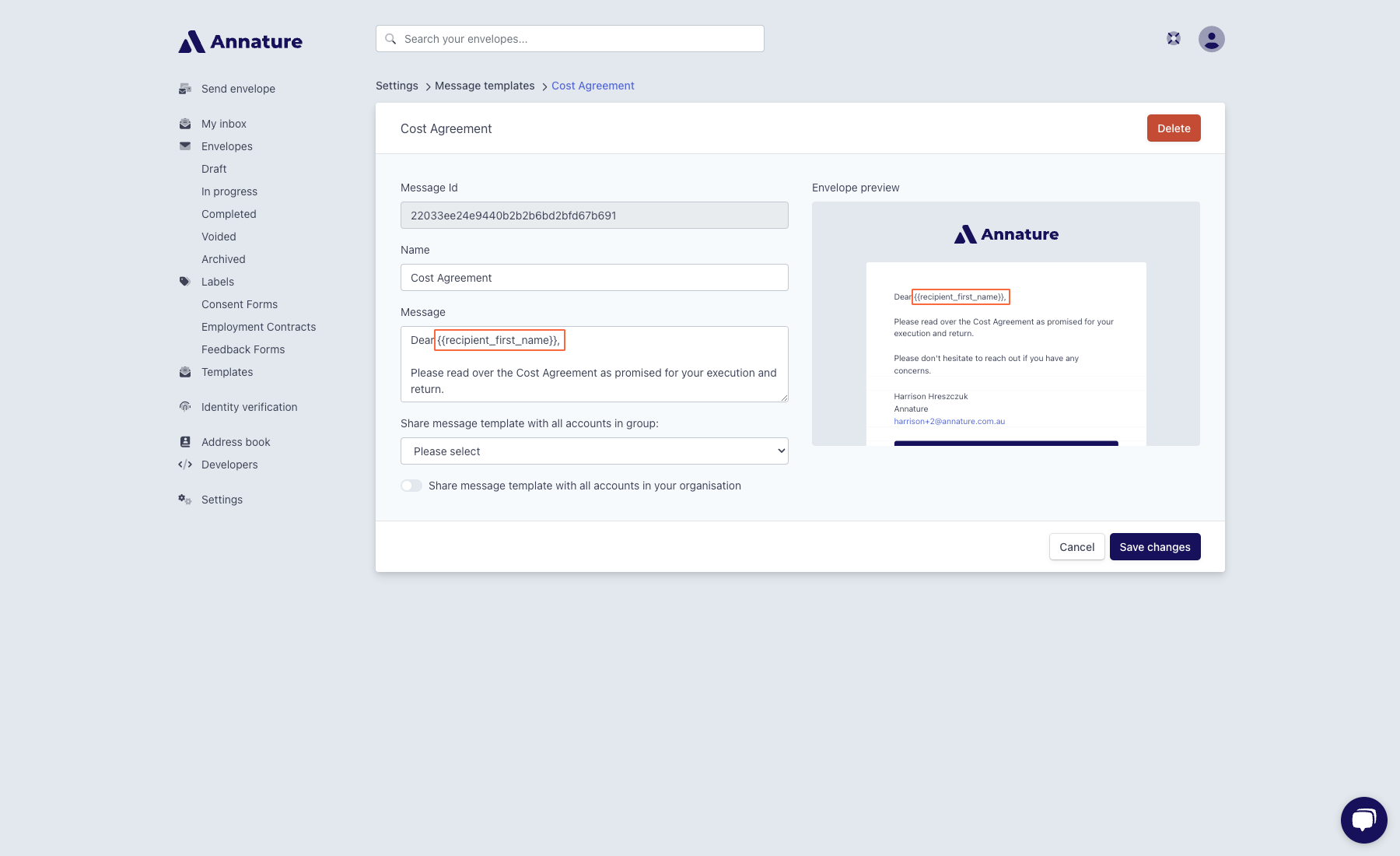 Add placeholders to envelope messages