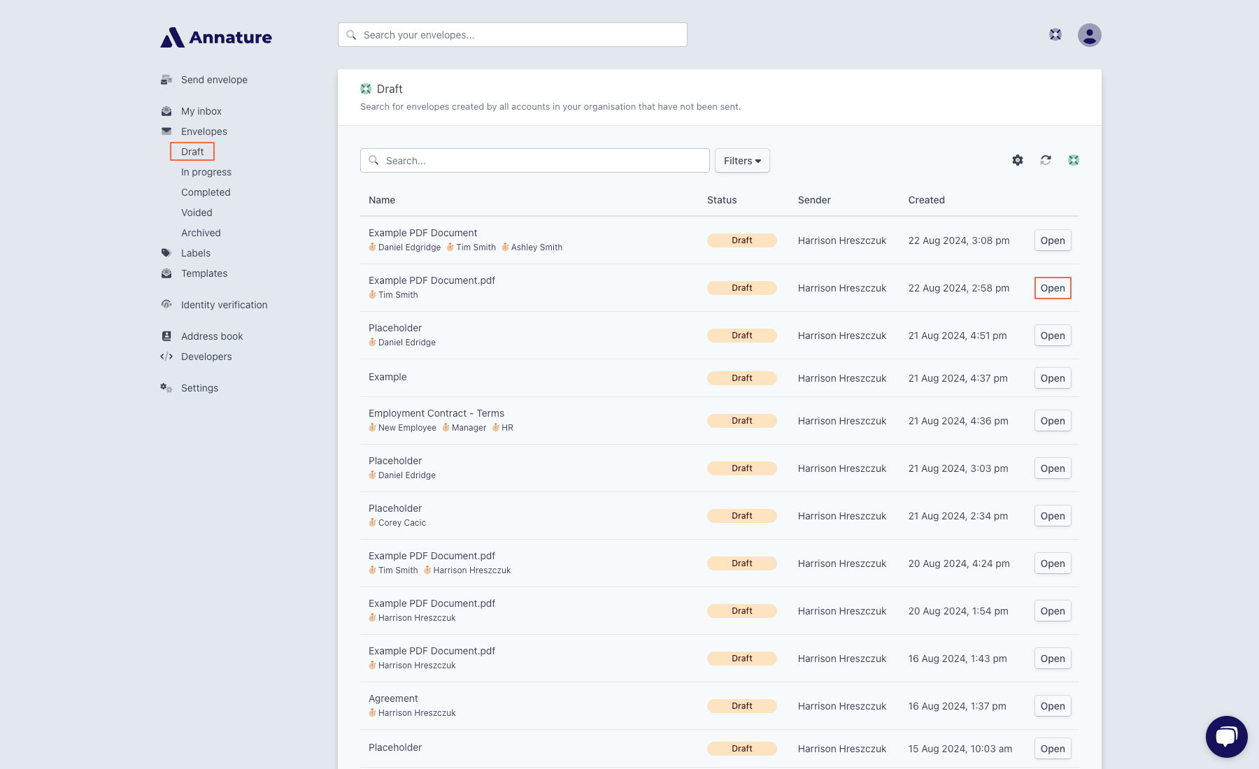 Editing draft envelopes